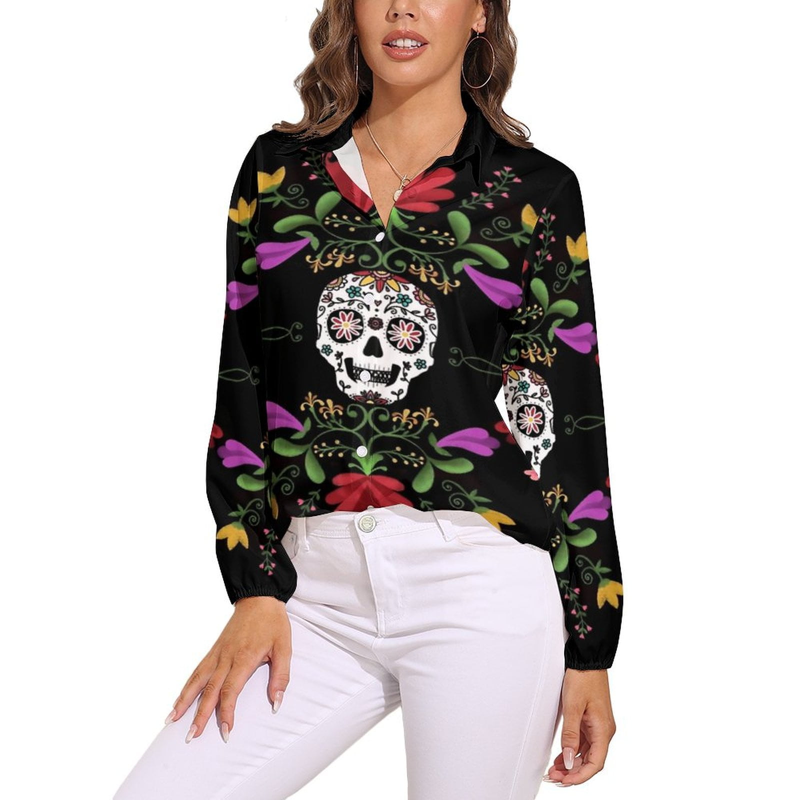 Sugar Skull Long Sleeve Blouse Woman Streetwear Casual Shirts Summer ...