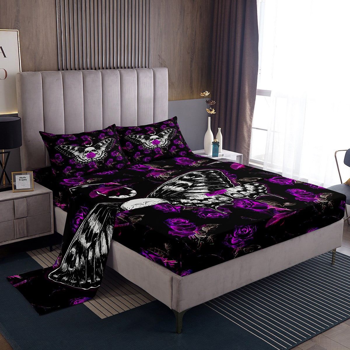 Sugar Skull Moth Bed Sheets Set Queen Gothic Sheet Set,Exotic Peach ...