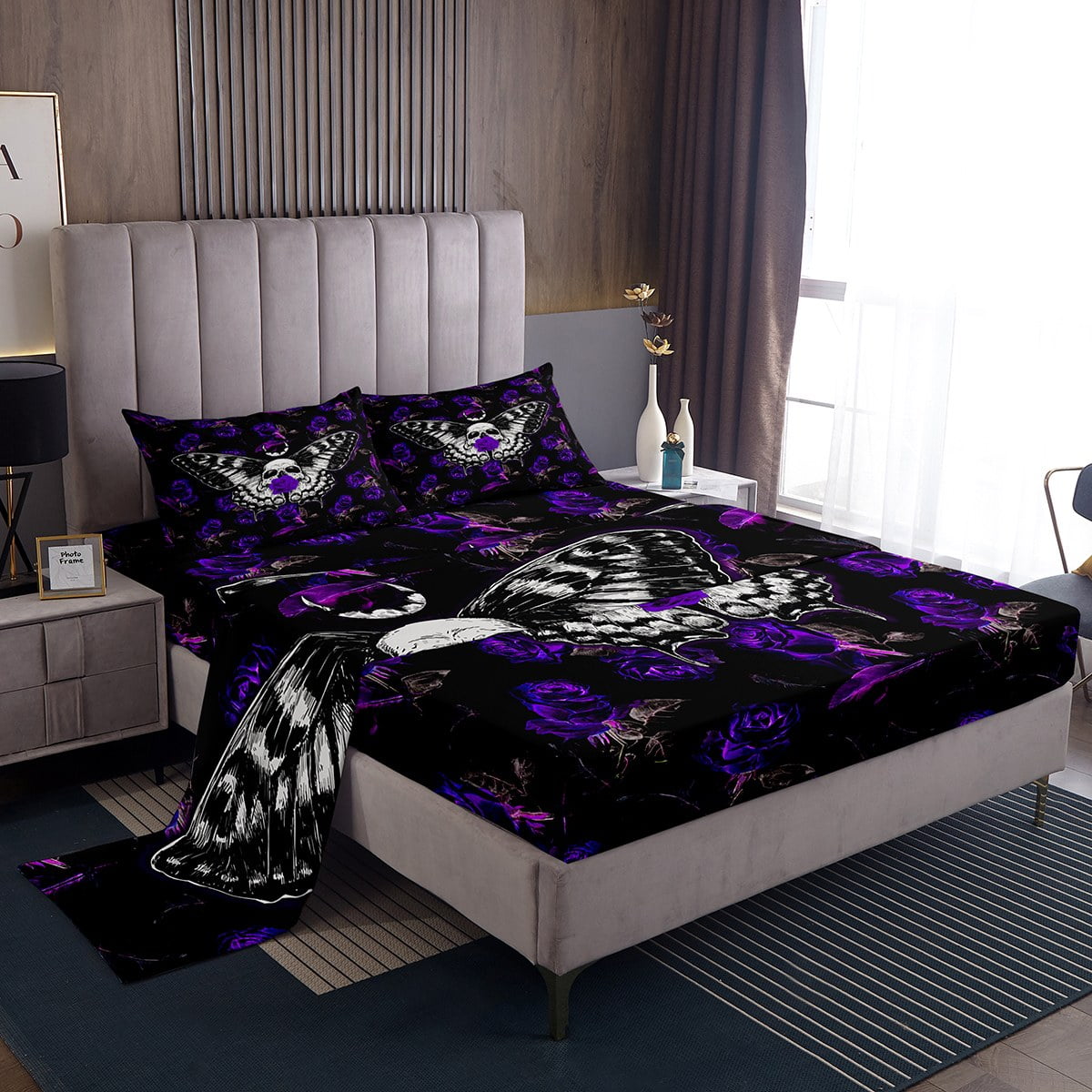 Sugar Skull Moth Bed Sheets Set Twin Gothic Sheet Set,Exotic Purple ...