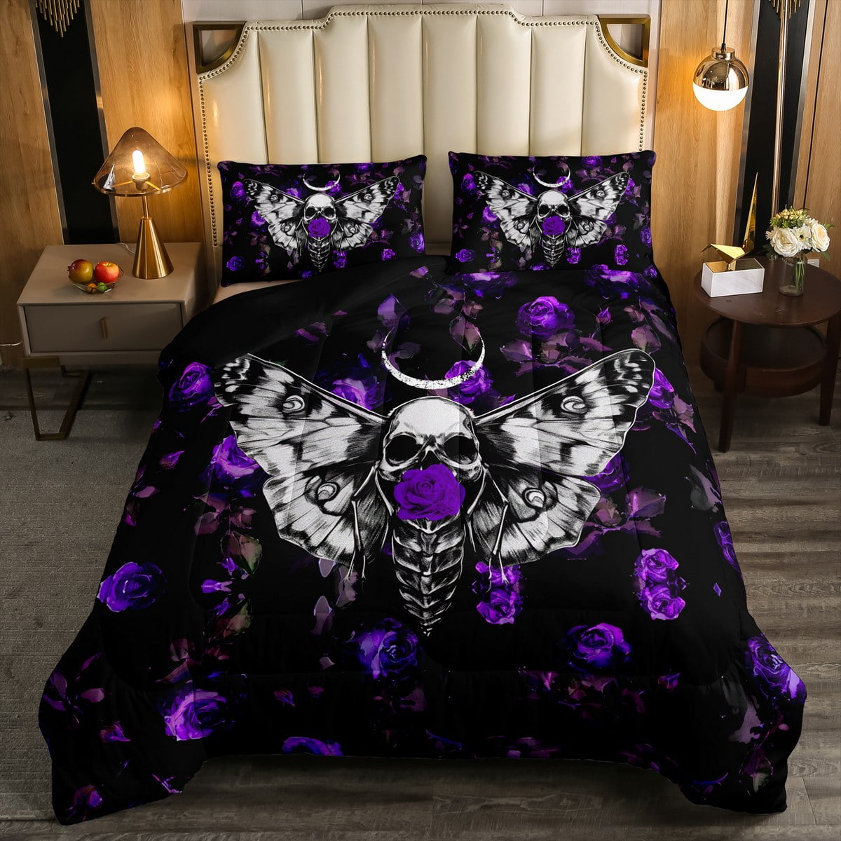 Sugar Skull Moth Comforter Set Queen Gothic Bedding Set,Exotic Blue ...