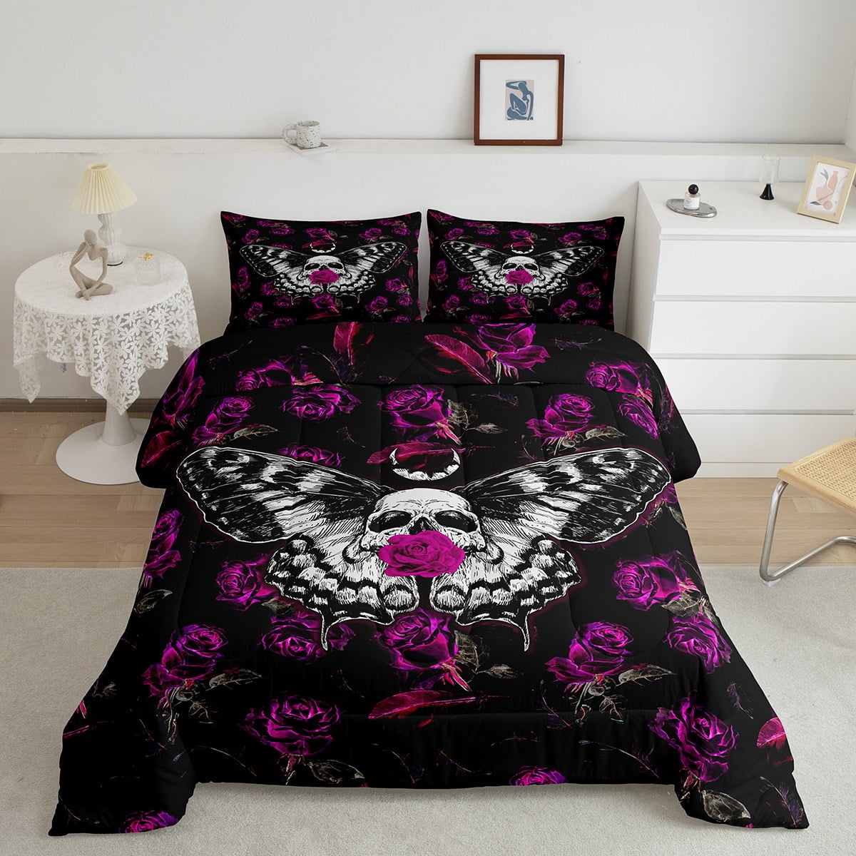 Sugar Skull Moth Comforter Set Twin Gothic Bedding Set,Exotic Peach ...