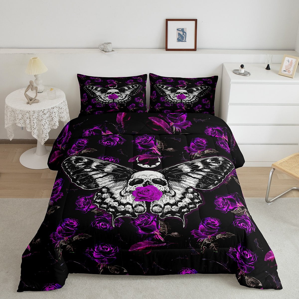 Sugar Skull Moth Comforter Set Twin Gothic Bedding Set,Exotic Purple ...