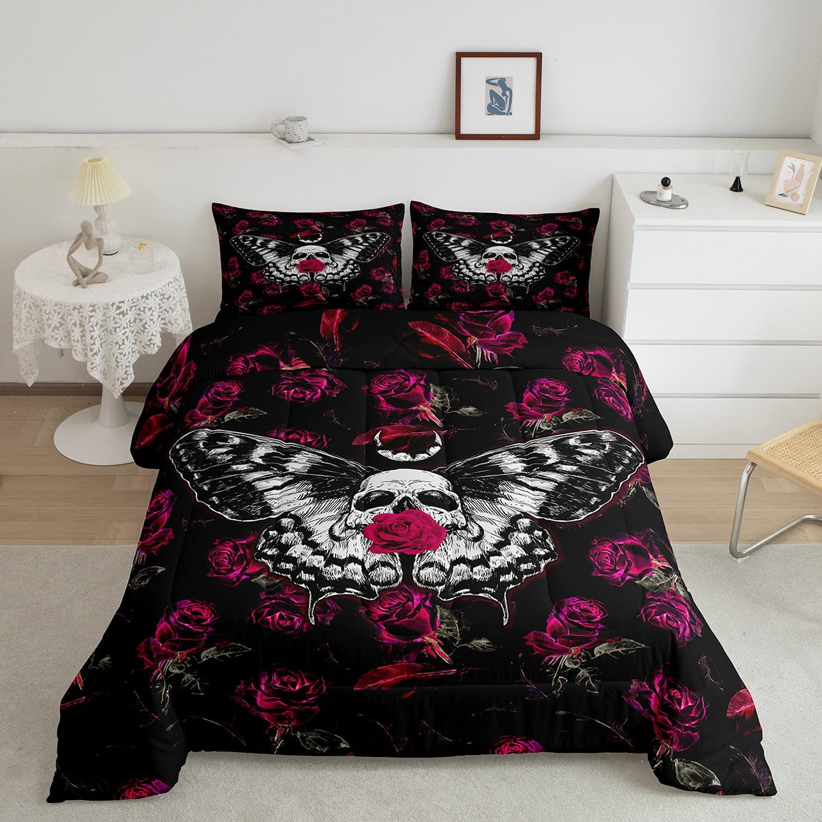 Sugar Skull Moth Comforter Set Twin Gothic Bedding Set,Exotic Red Rose ...