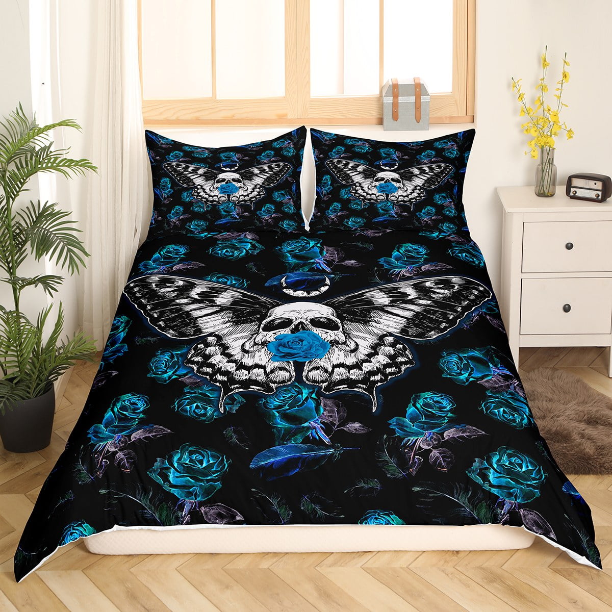 Sugar Skull Moth Duvet Cover Queen Gothic Bedding Set,Exotic Teal Rose ...