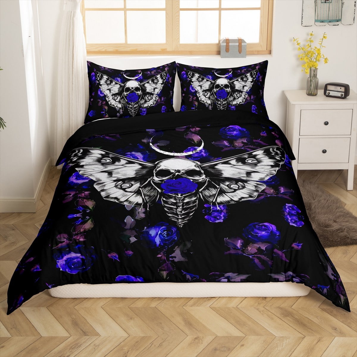 Sugar Skull Moth Duvet Cover Twin Gothic Bedding Set,Exotic Navy Blue ...
