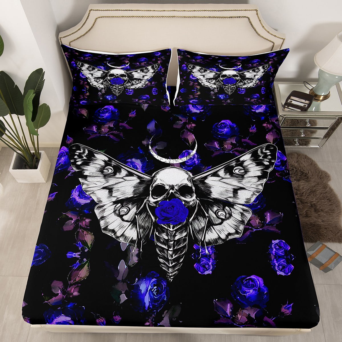 Sugar Skull Moth Fitted Sheet Queen Gothic Bed Sheets,Exotic Navy Blue ...