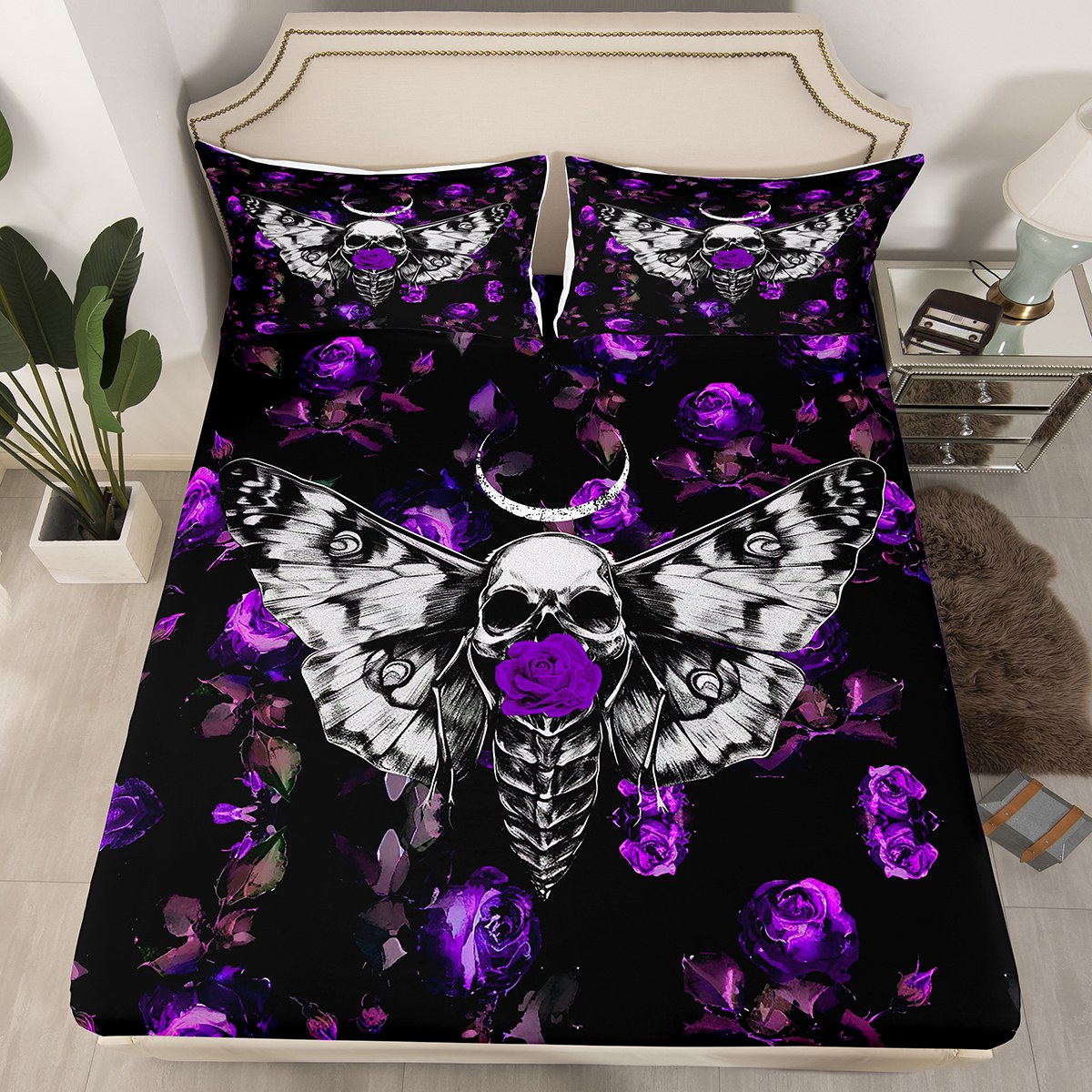 Sugar Skull Moth Fitted Sheet Twin Gothic Bed Sheets,Exotic Blue Purple ...