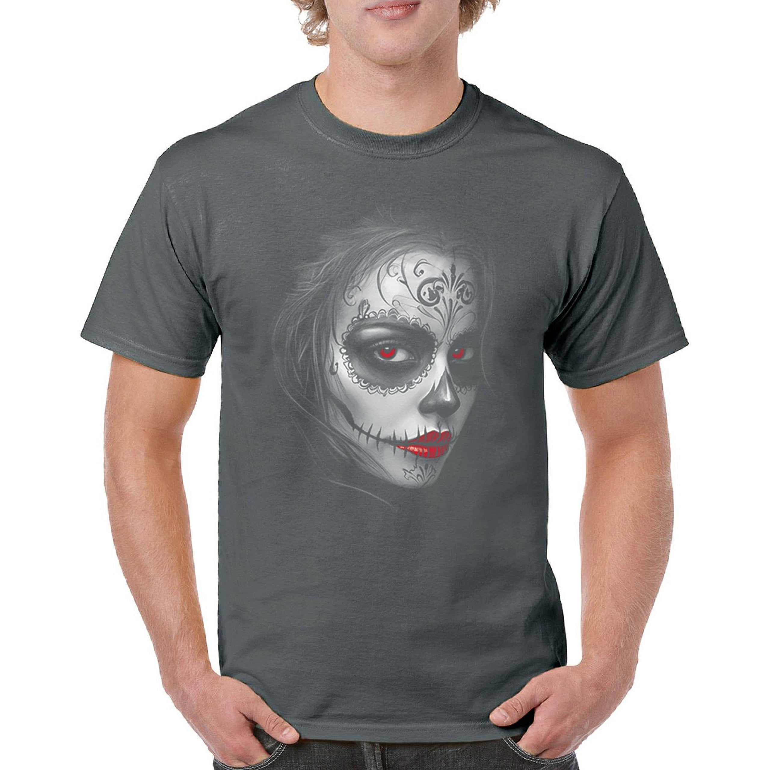 Sugar Skull Portrait T-shirt Gothic Beauty Red Lips Day of the Dead Dia ...