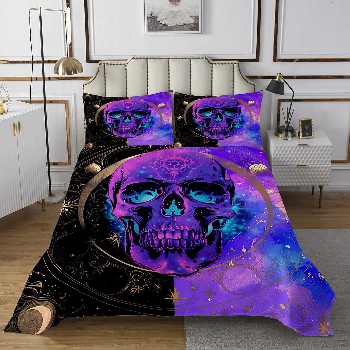 Sugar Skull Quilt Set Goth Skeleton Bedspread Set Twin,Bohemian Sun and ...