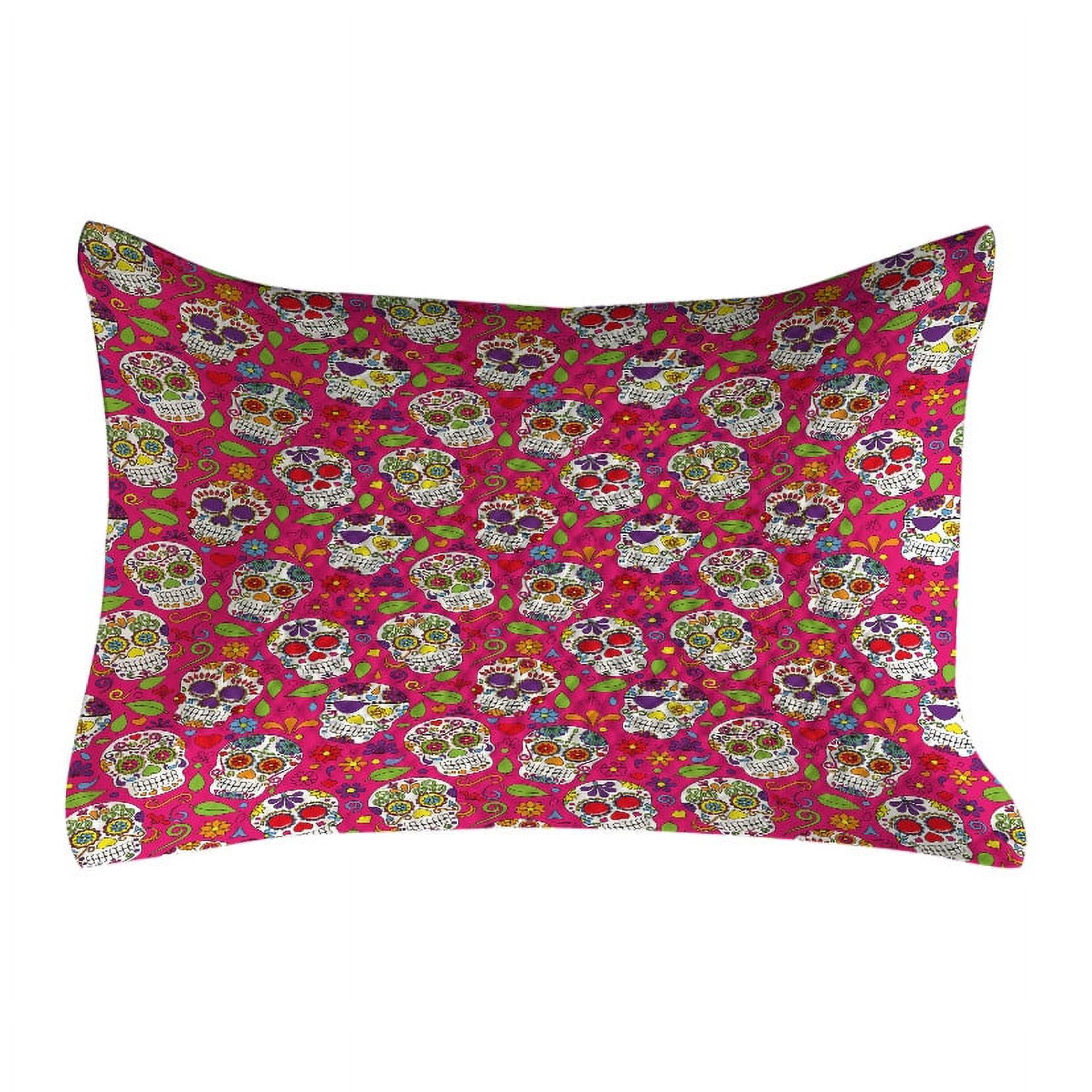 Sugar Skull Quilted Pillowcover, Colorful Skulls Leaves Motifs Pirate ...