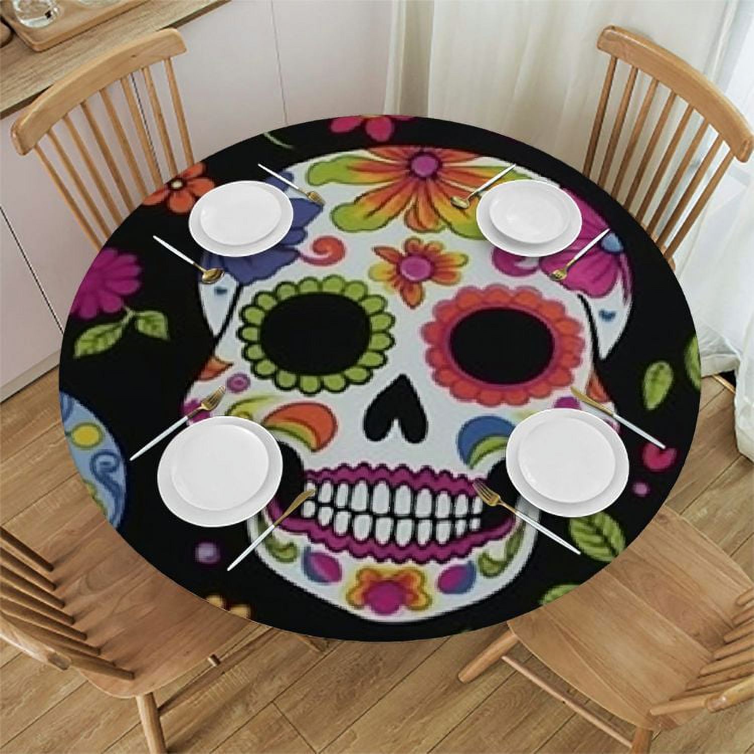 Sugar Skull Round Tablecloth Flower Skull Skull Mysterious Day of The ...