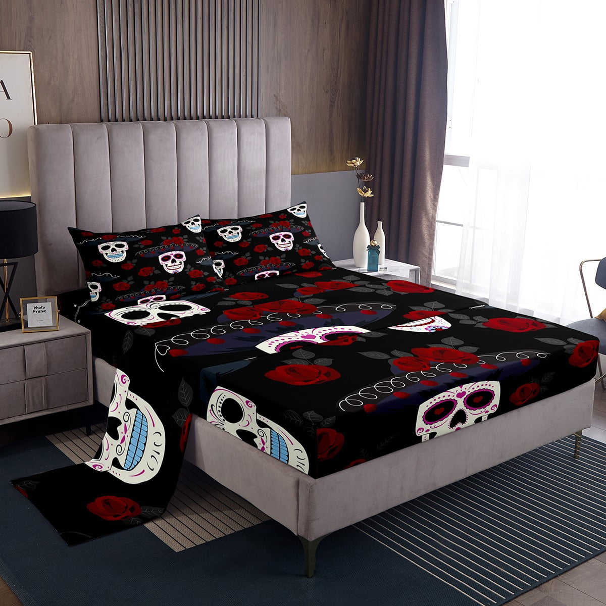 Sugar Skull Sheet Set Floral Dead Skull Bed Sheets Set Full for Dia De ...