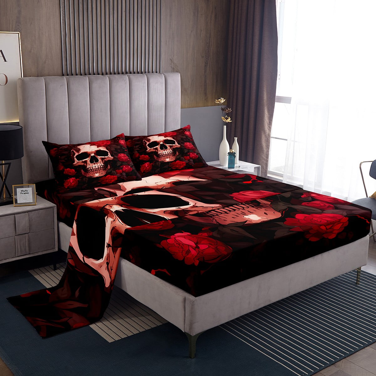 Sugar Skull Sheet Set King Red Black Rose Skull Bedding Set Teen Men ...