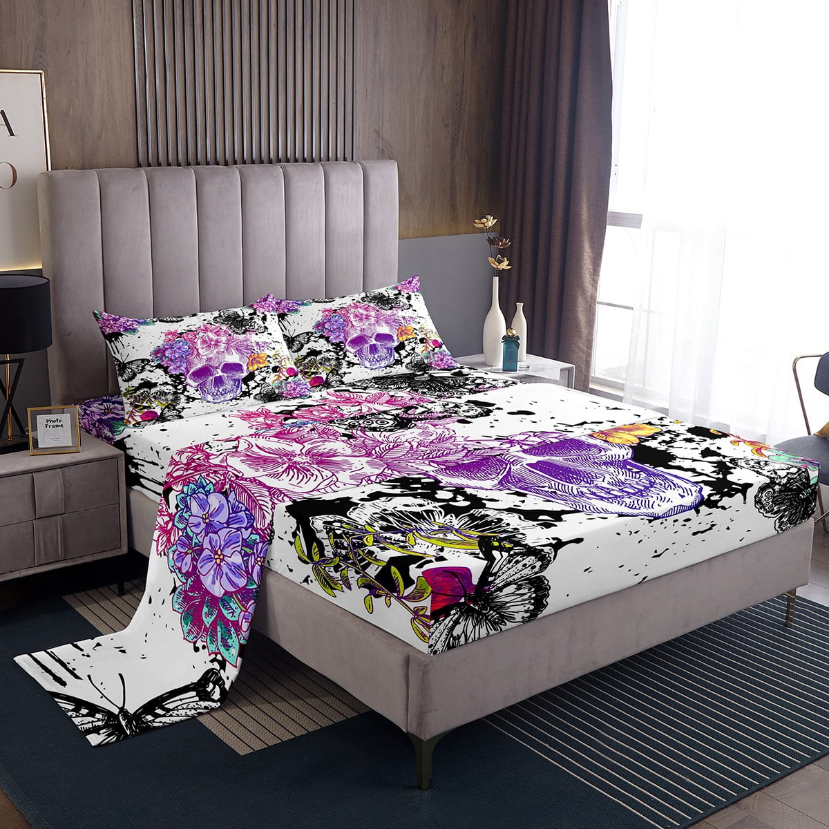 Sugar Skull Sheet Set Purple Rose Twin Bed Sheets Set Halloween Floral ...