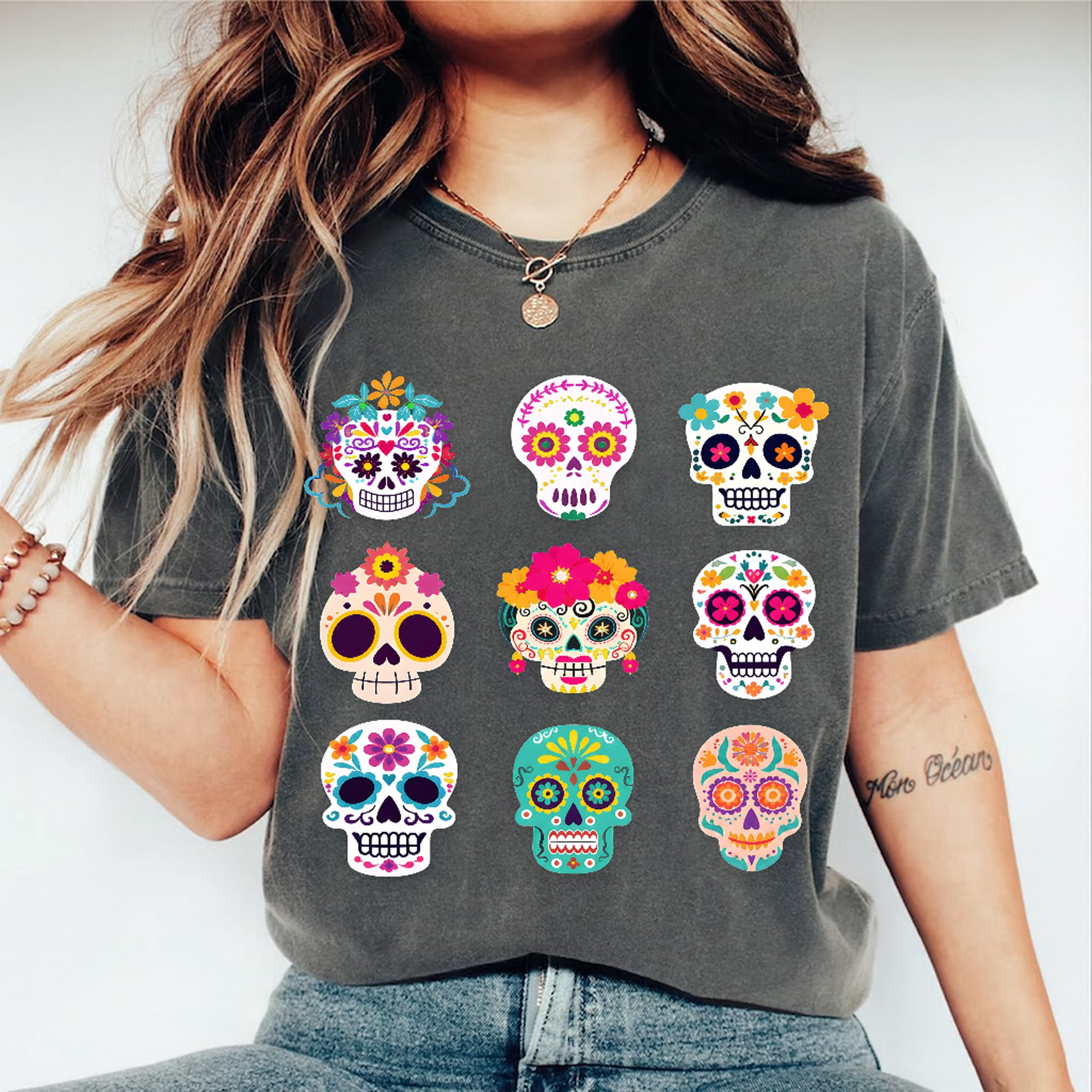 Sugar Skull Shirt Multiple Colorful Sugar Skulls with Flowers ...