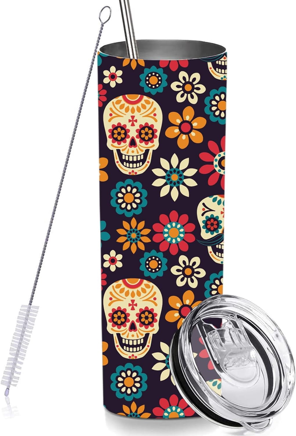 Sugar Skull Skinny Tumblers with Lids and Straws, Mexicanos Day of the ...