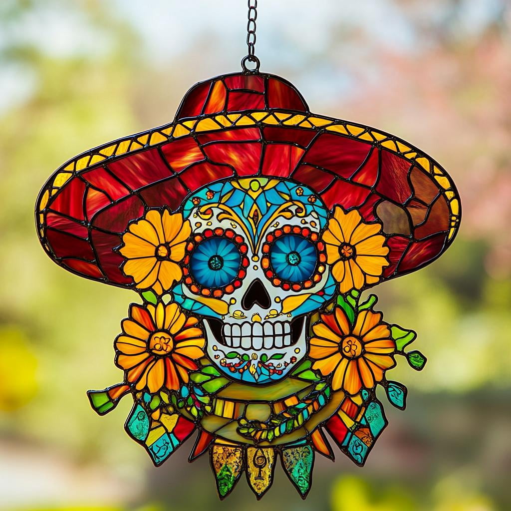 Sugar Skull Sombrero Acrylic Suncatcher, Faux Stained Glass Window ...