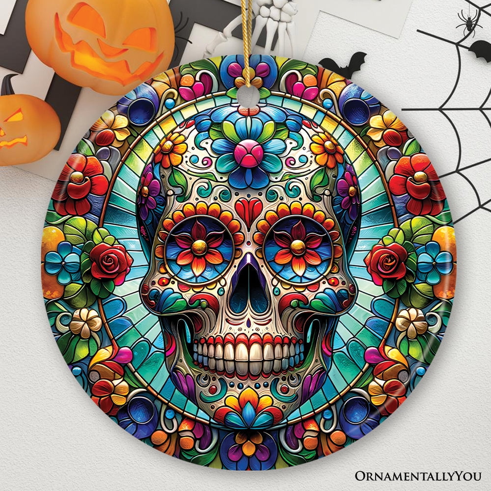 Sugar Skull Stained Glass Themed Ceramic Ornament, Day of the Dead ...