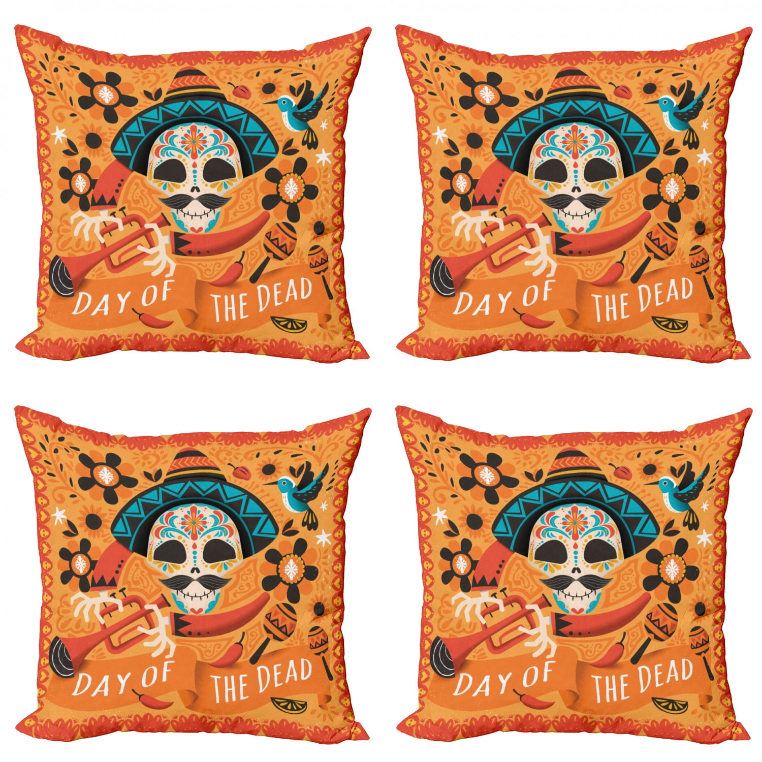 Ambesonne Sugar Skull Throw Pillow Cover 4 Pack, Trumpet Player, 16 ...