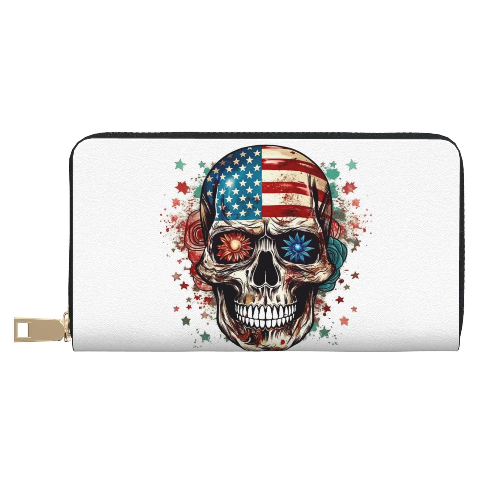 Sugar Skull with USA Flag Wallet Women, Leather Bifold Multi Card ...