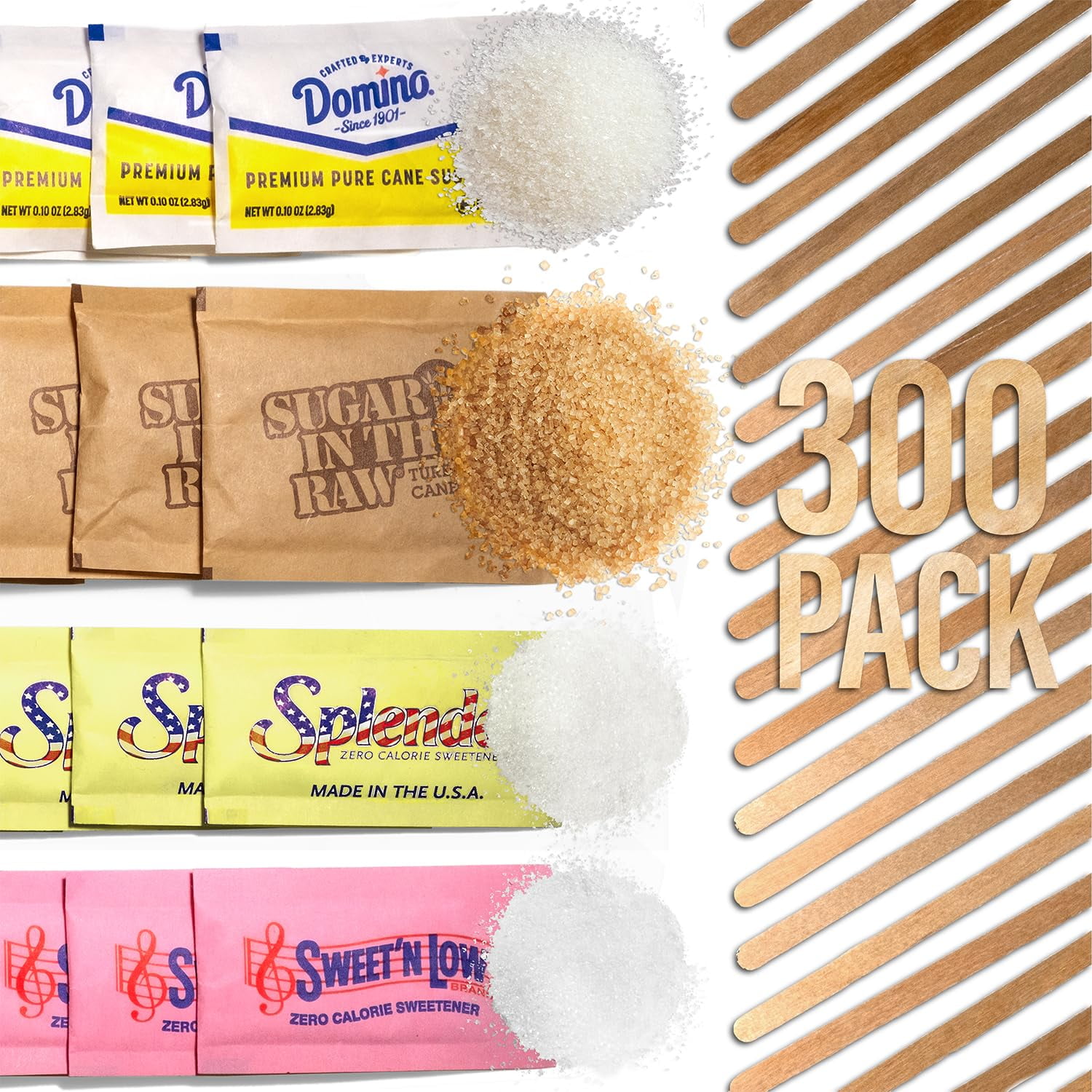 Sugar and Sweetener Assortment Packets (300 Pack) with Coffee Stirrers ...