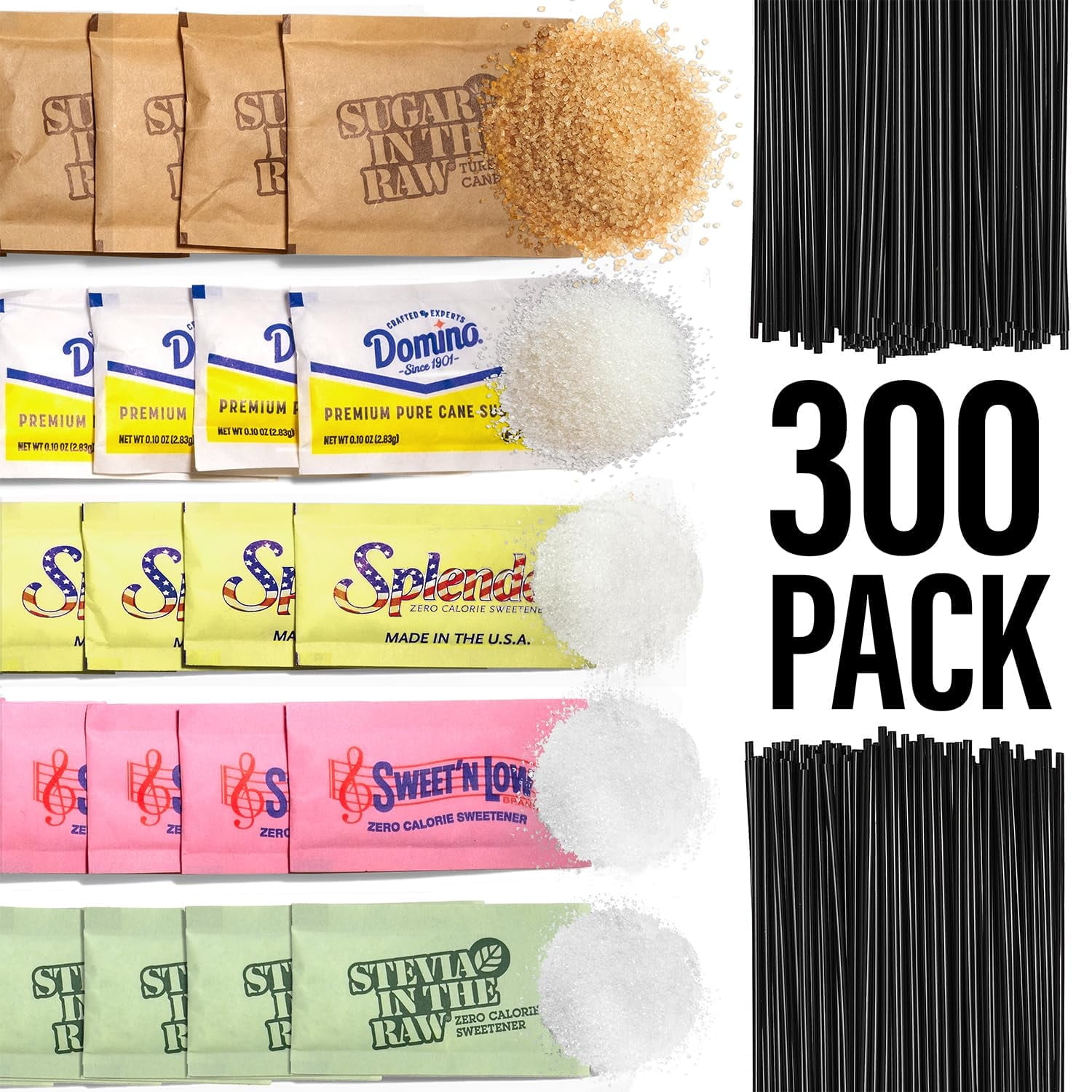 Sugar and Sweetener Assortment Packets (300 Pack) with Coffee Stirrers ...