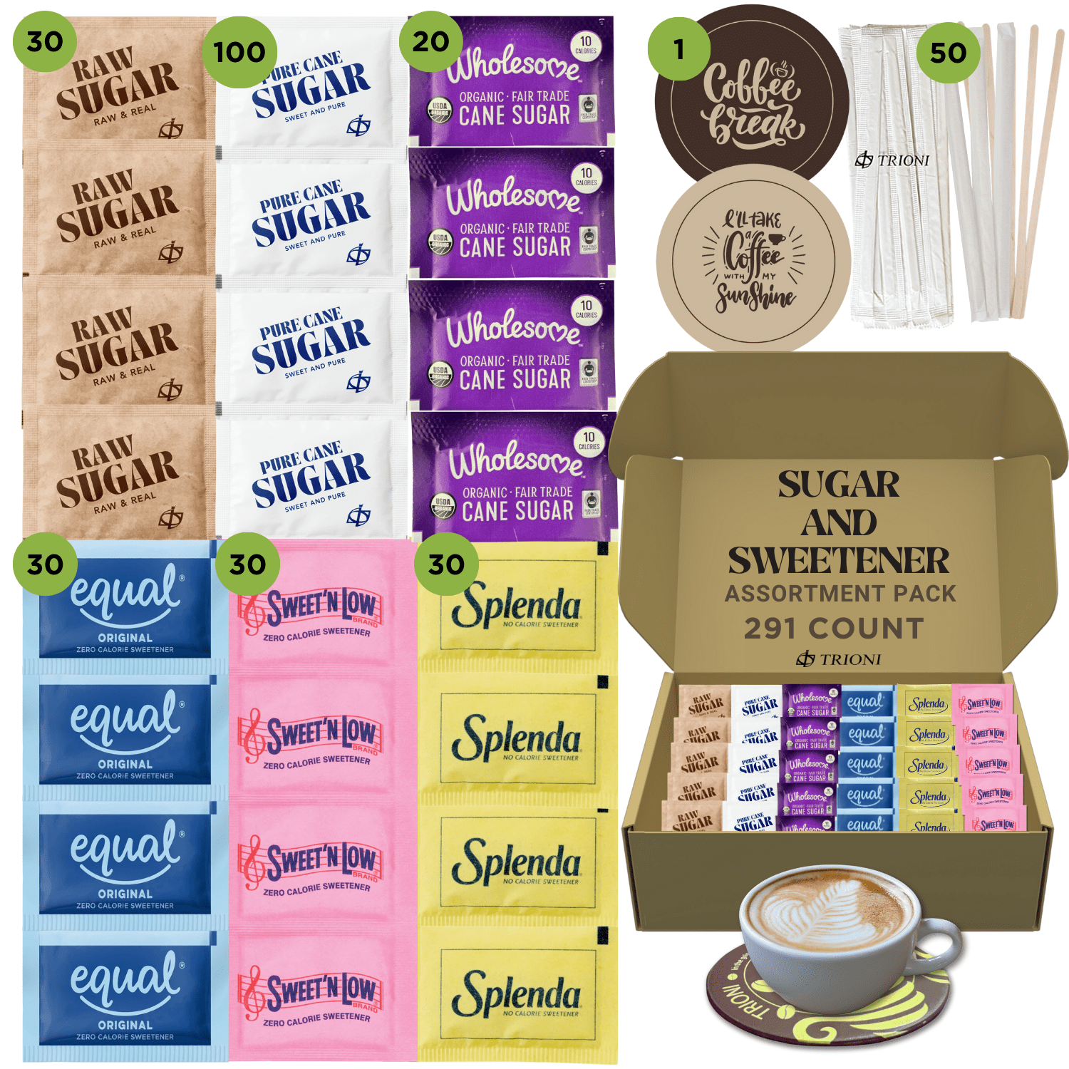 TRIONI Boutique Sugar and Sweetener Packets, 291ct, Granulated, Raw ...