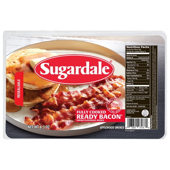 Sugardale Applewood Smoked Regular Sliced Fully Cooked Ready Bacon, 6.3 ...