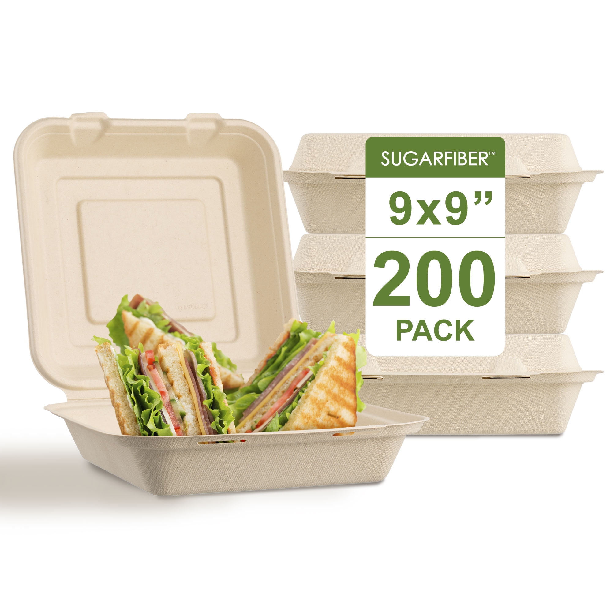 Sugarfiber 9 X 9" Compostable Bagasse Clamshell Disposable Hinged ...