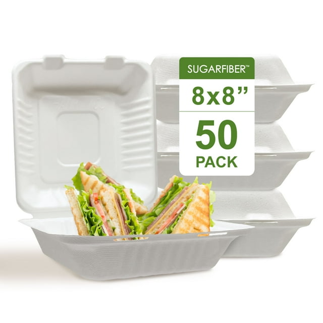Sugarfiber Dispoable 8 x 8" Compostable White Rectangle Hinged ...