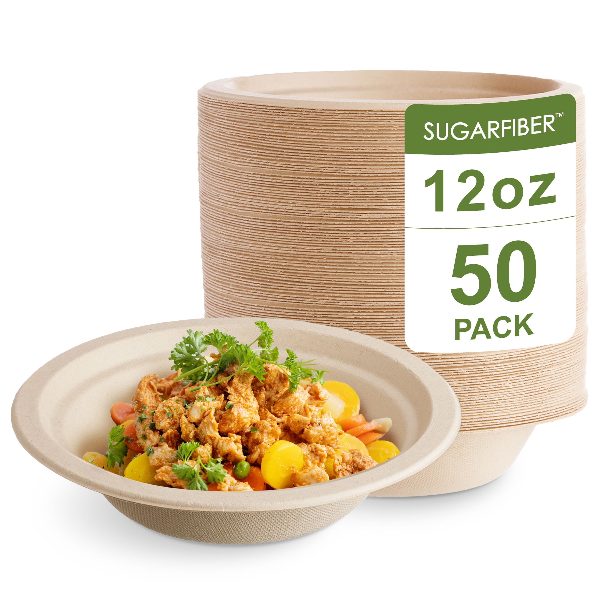 Sugarfiber 12 oz Compostable Round Paper Bowls, Heavy Duty, 50 Count ...