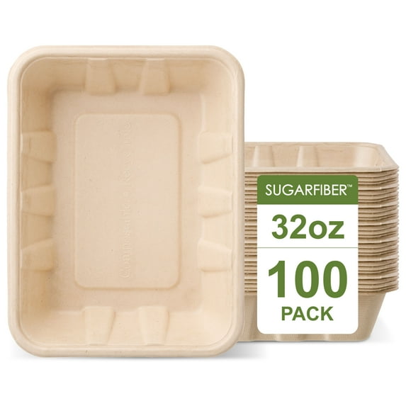 Sugarfiber Disposable 32 oz Compostable Eco Friendly Rectangular Food ...