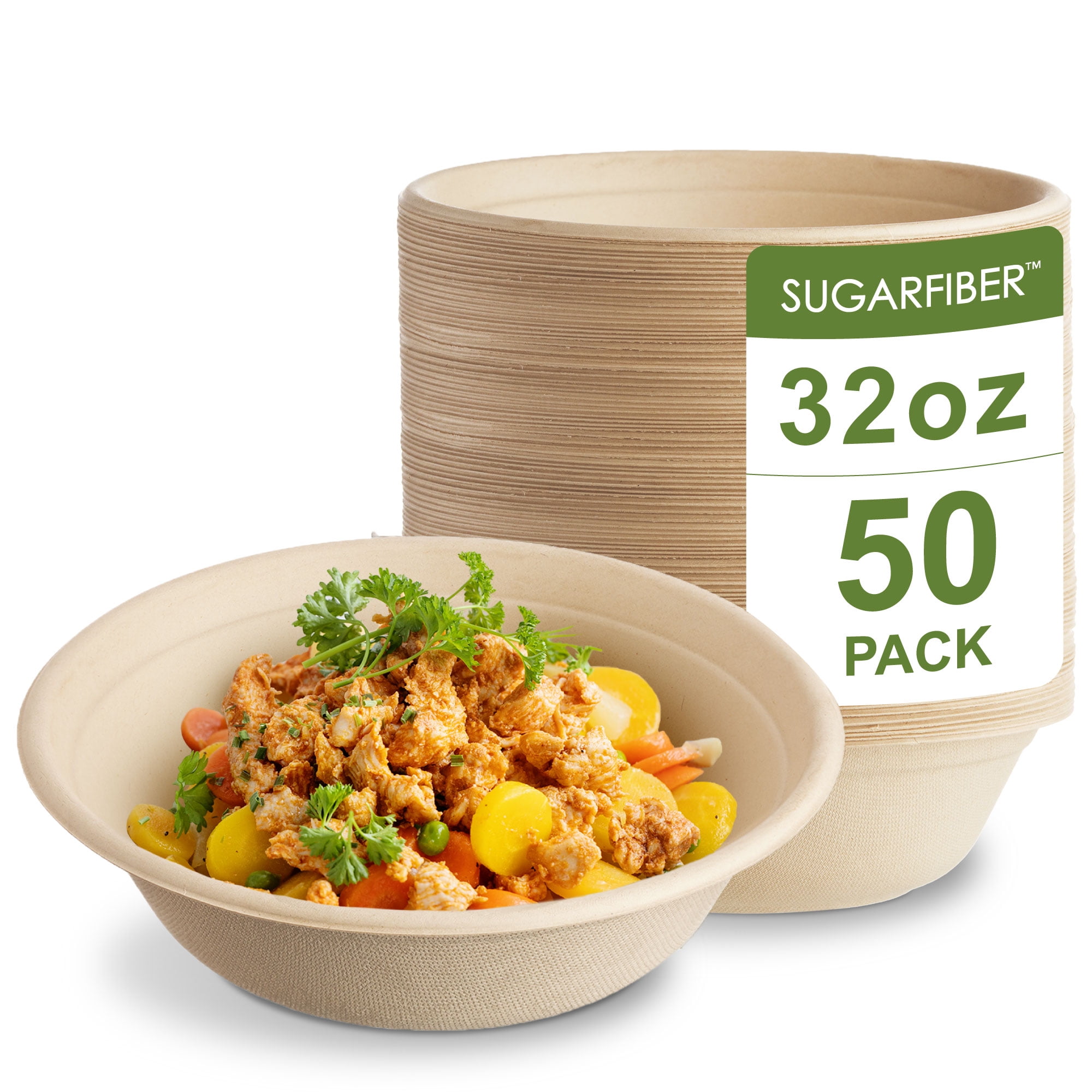 Sugarfiber 32 oz Round Paper Bowls, Disposable, Compostable, Heavy-Duty ...