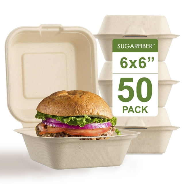Sugarfiber Disposable 6x6" Compostable Single Compartment Square Hinged ...
