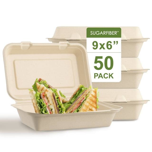 Sugarfiber Disposable 9x6" Compostable Rectangular Hinged Takeout ...