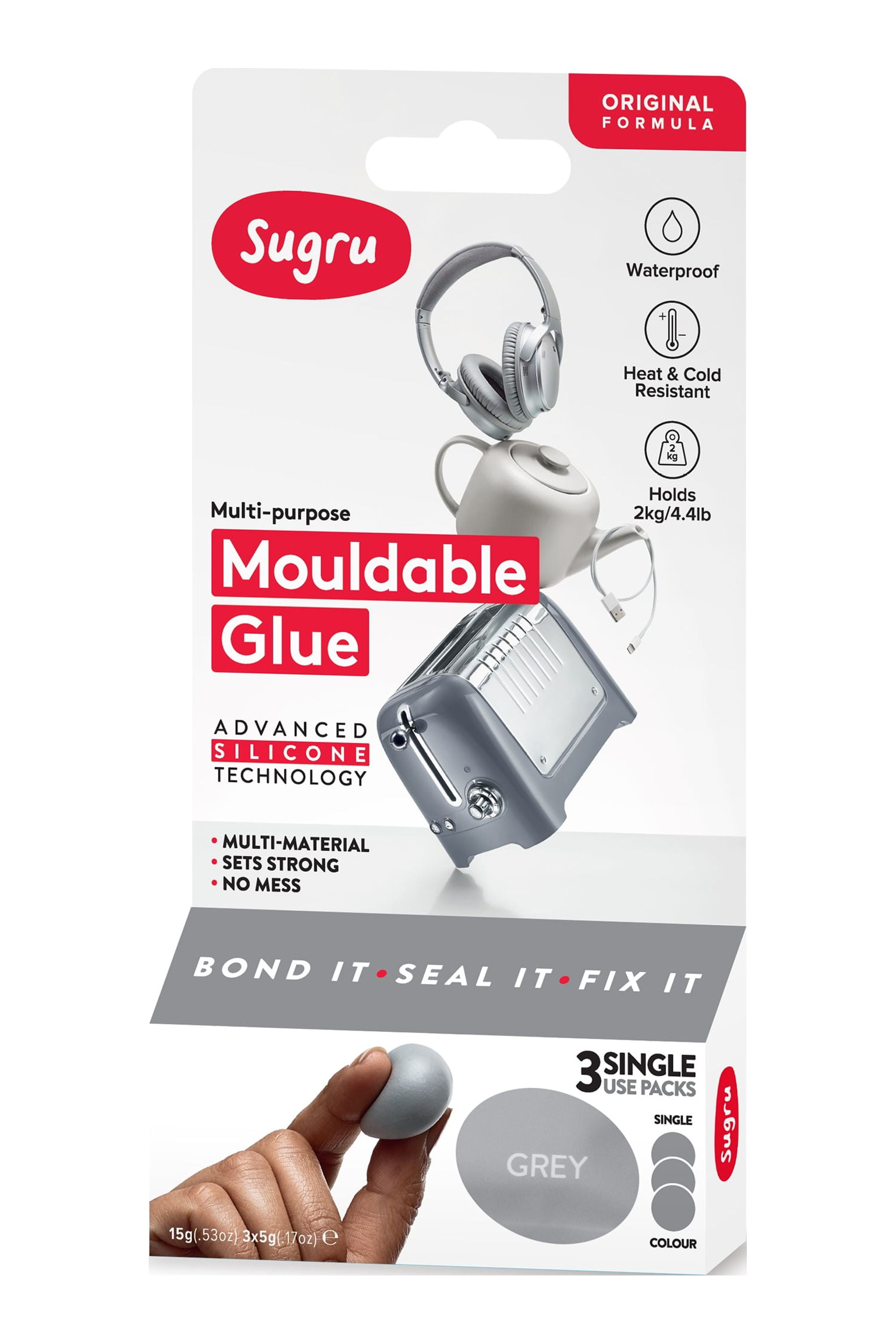Sugru Mouldable Glue - Original Formula - Grey (3-pack) - Walmart.com