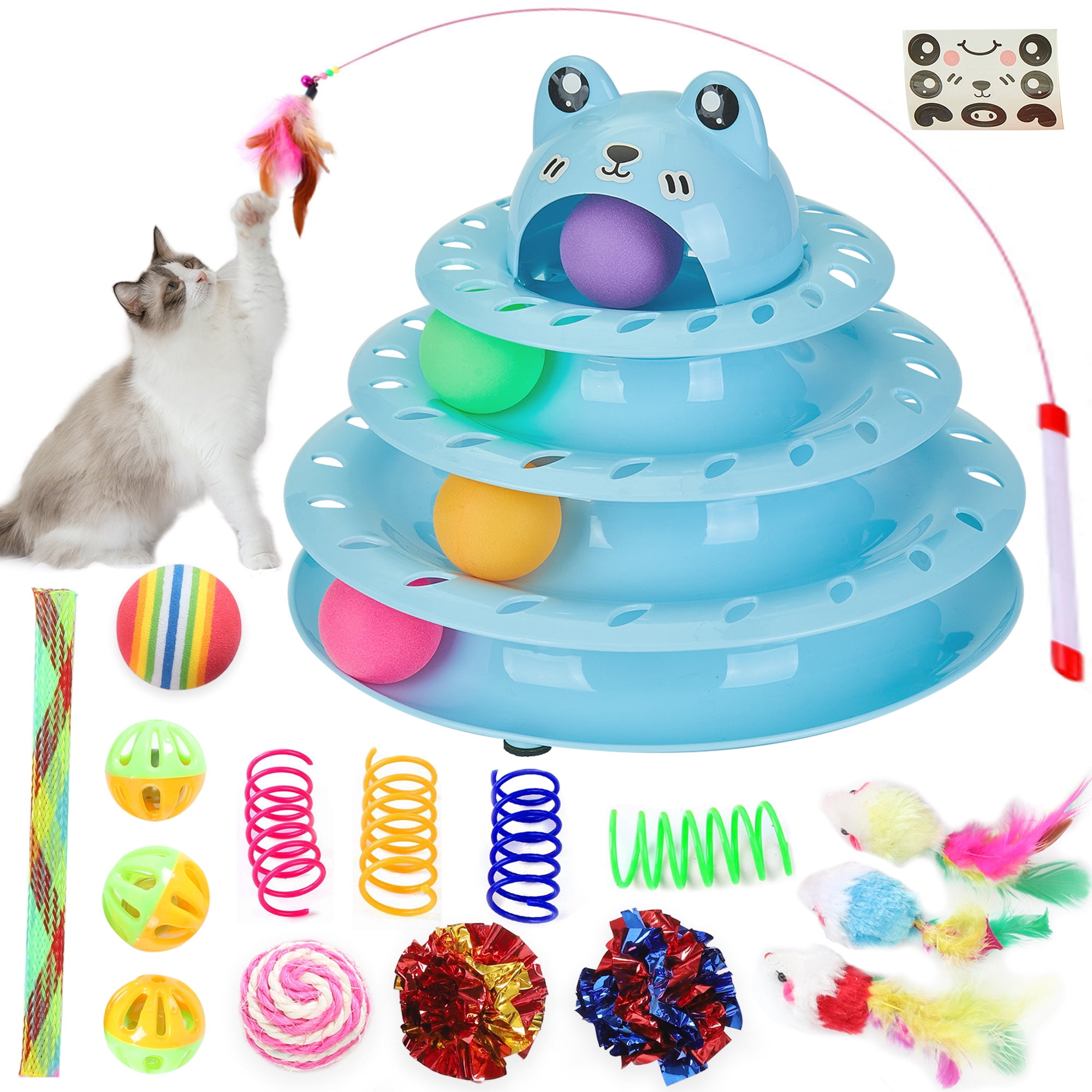 Suhaco 3-Level Interactive Cat Toy Set with Feather Wand & Colorful ...