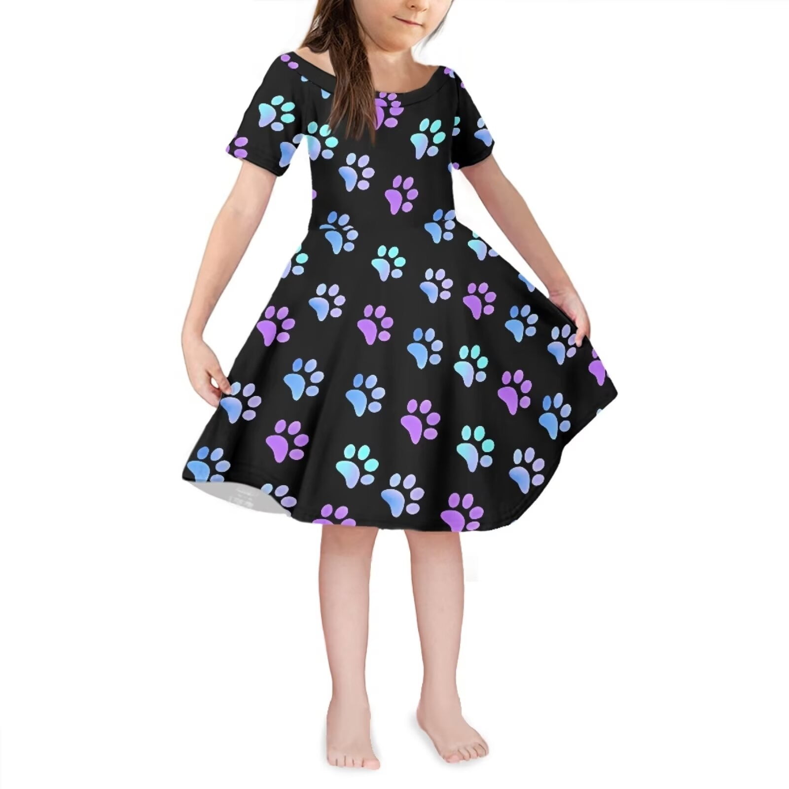 Suhoaziia Puppy Dog Paw Twirly Dresses for Little Girls Short Sleeve ...