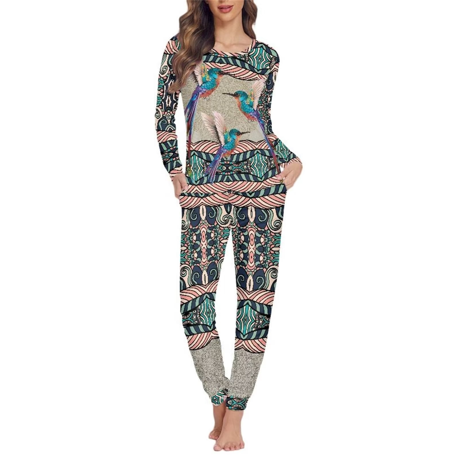 Suhoaziia Sleepwear Set Southwest Aztec Hummingbird Durable Long Sleeve ...