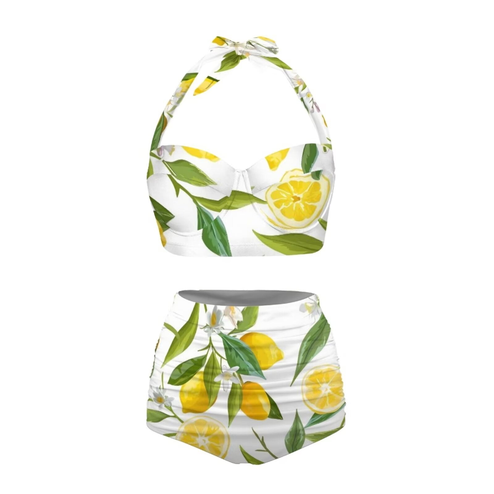 Suhoaziia Swimsuit Women Bikini Set Ruched Ruffle Tummy Control Lemon
