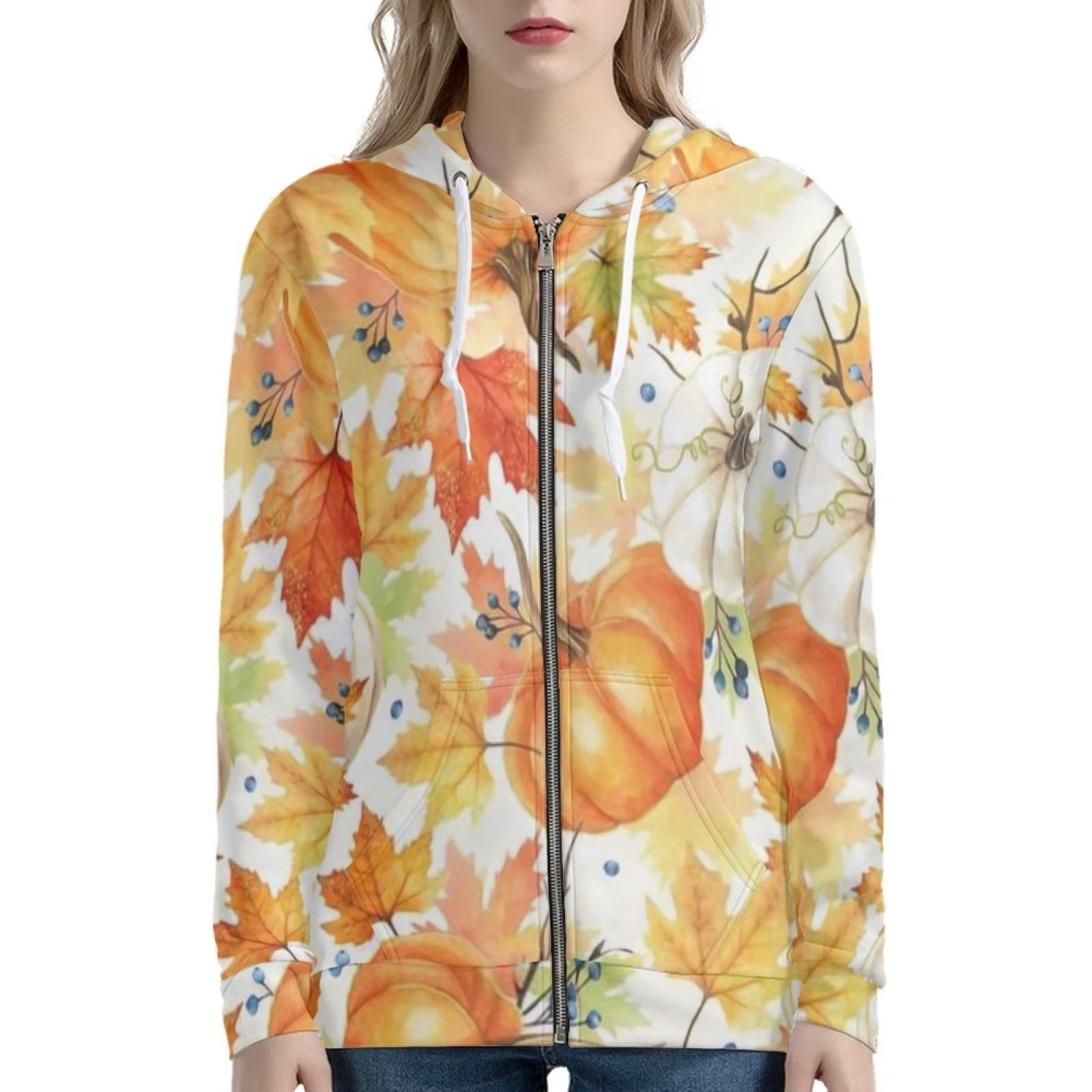 Suhoaziia White Zip Up Hoodies for Women Pumpkin Harvest Maple Leaf ...