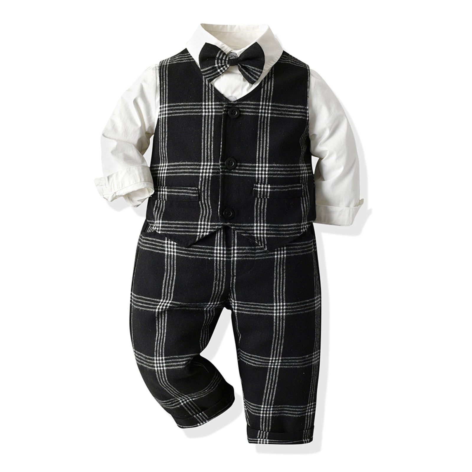 Suilloe Toddler Boys Outfit Sets Solid Long Sleeve Tops And Plaid Vest ...