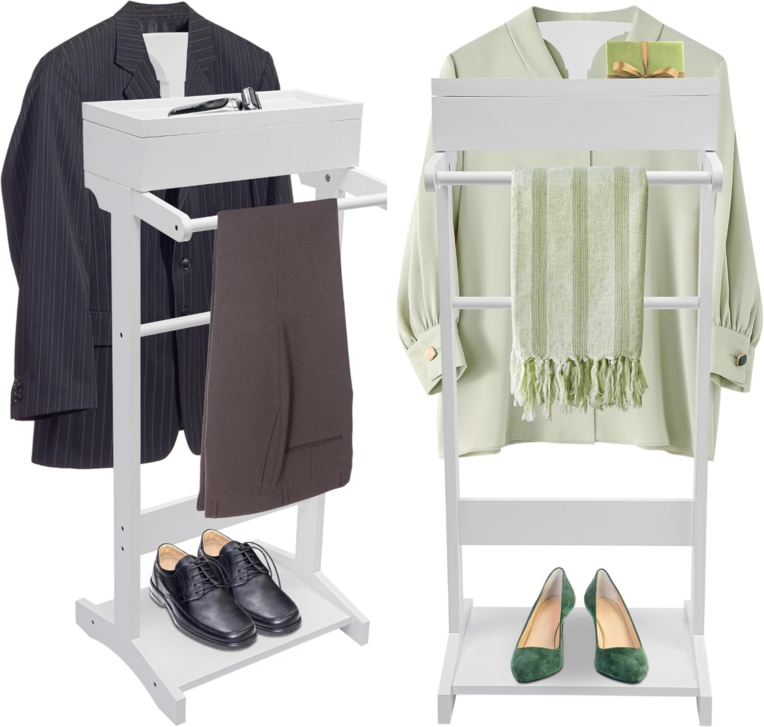 Suit Rack Valet Stand with Shoe Shelf, Tie & Belt Hanger, Trouser Bar ...