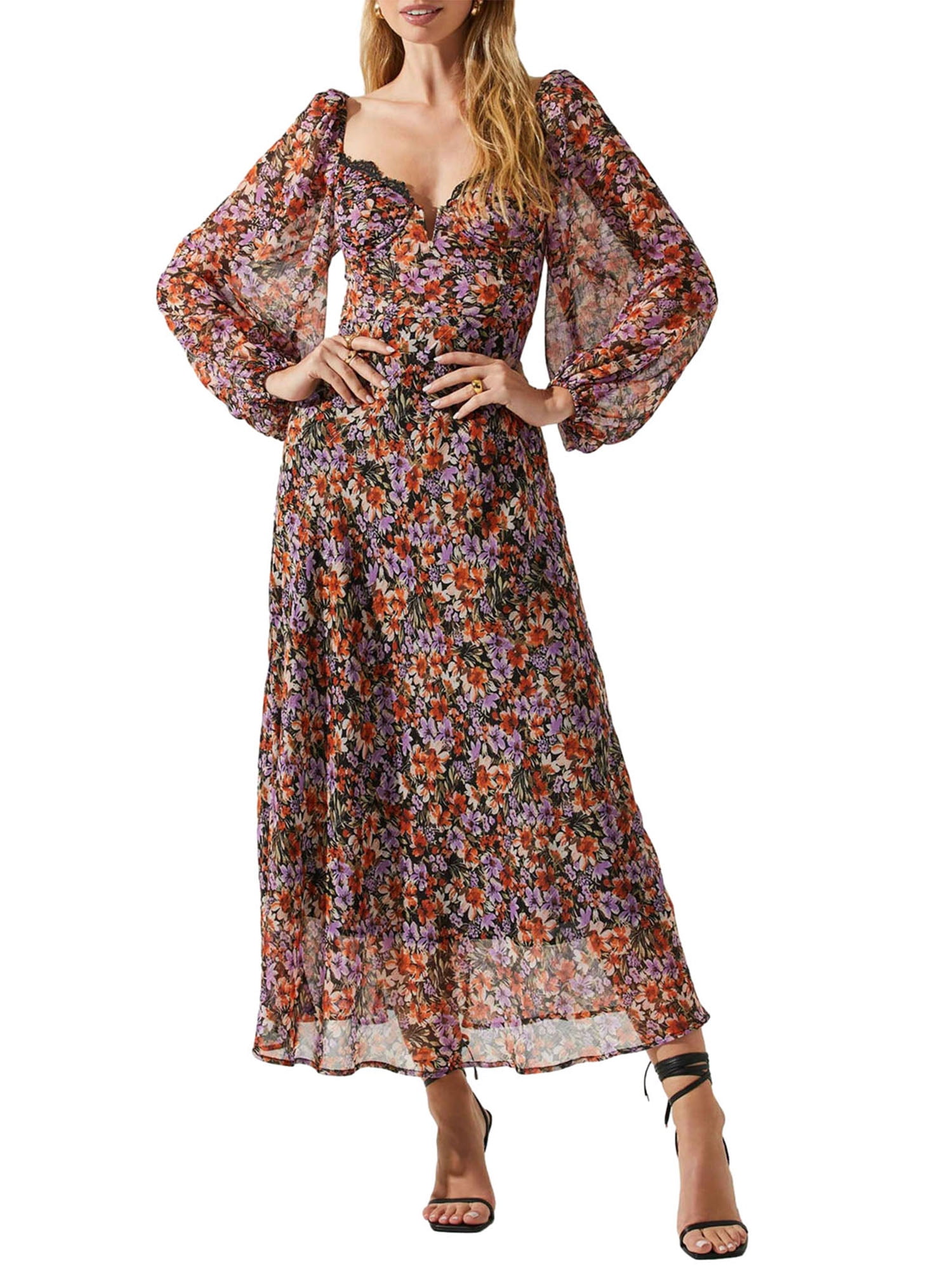 Suity Women Fall Casual Midi Dress Floral Print Sweetheart Neckline Long Puff Sleeve Dress ...