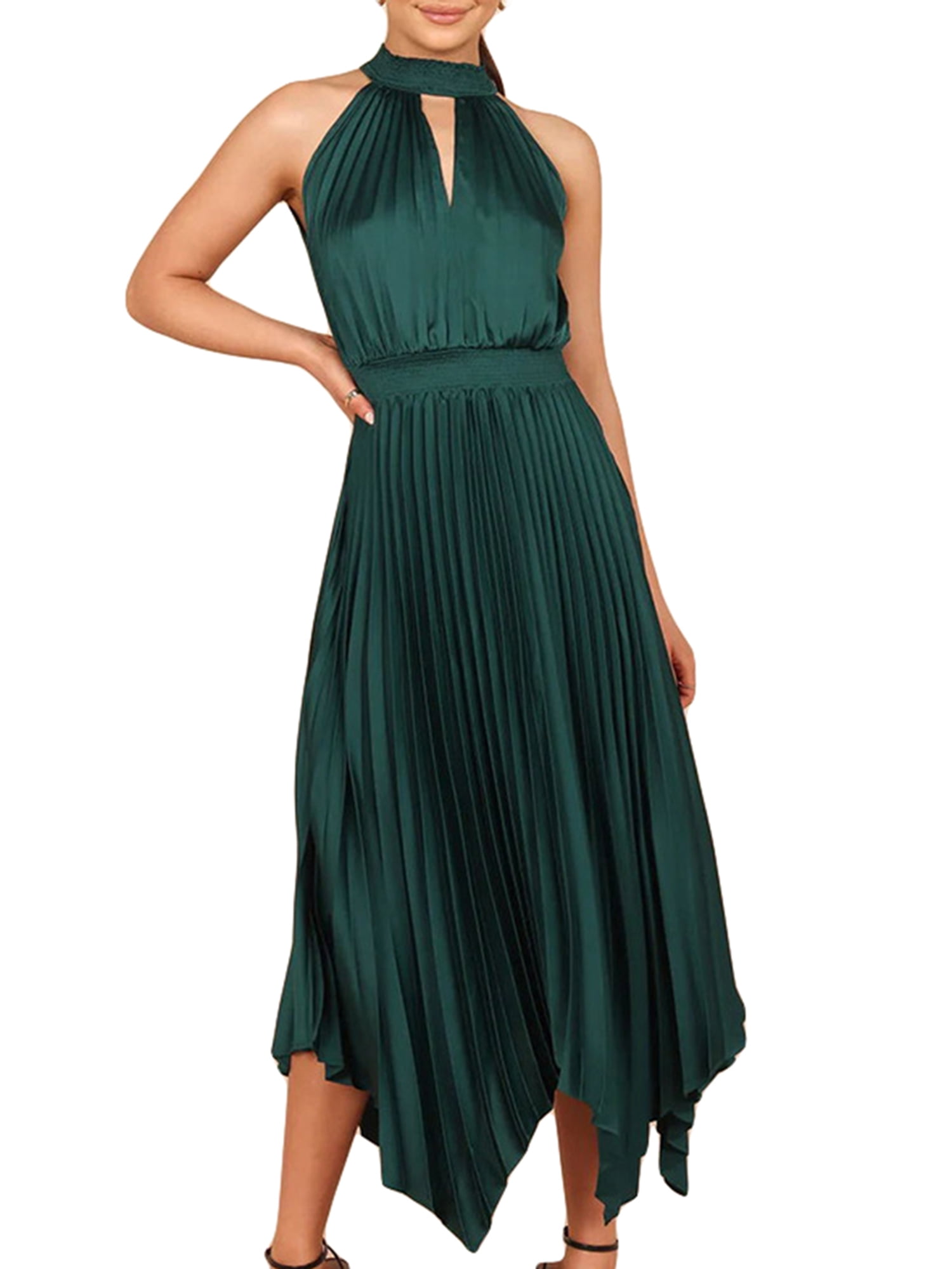 Suity Women Summer Casual Midi Dress Solid Color Halter Neck Sleeveless Dress Fashion Irregular ...