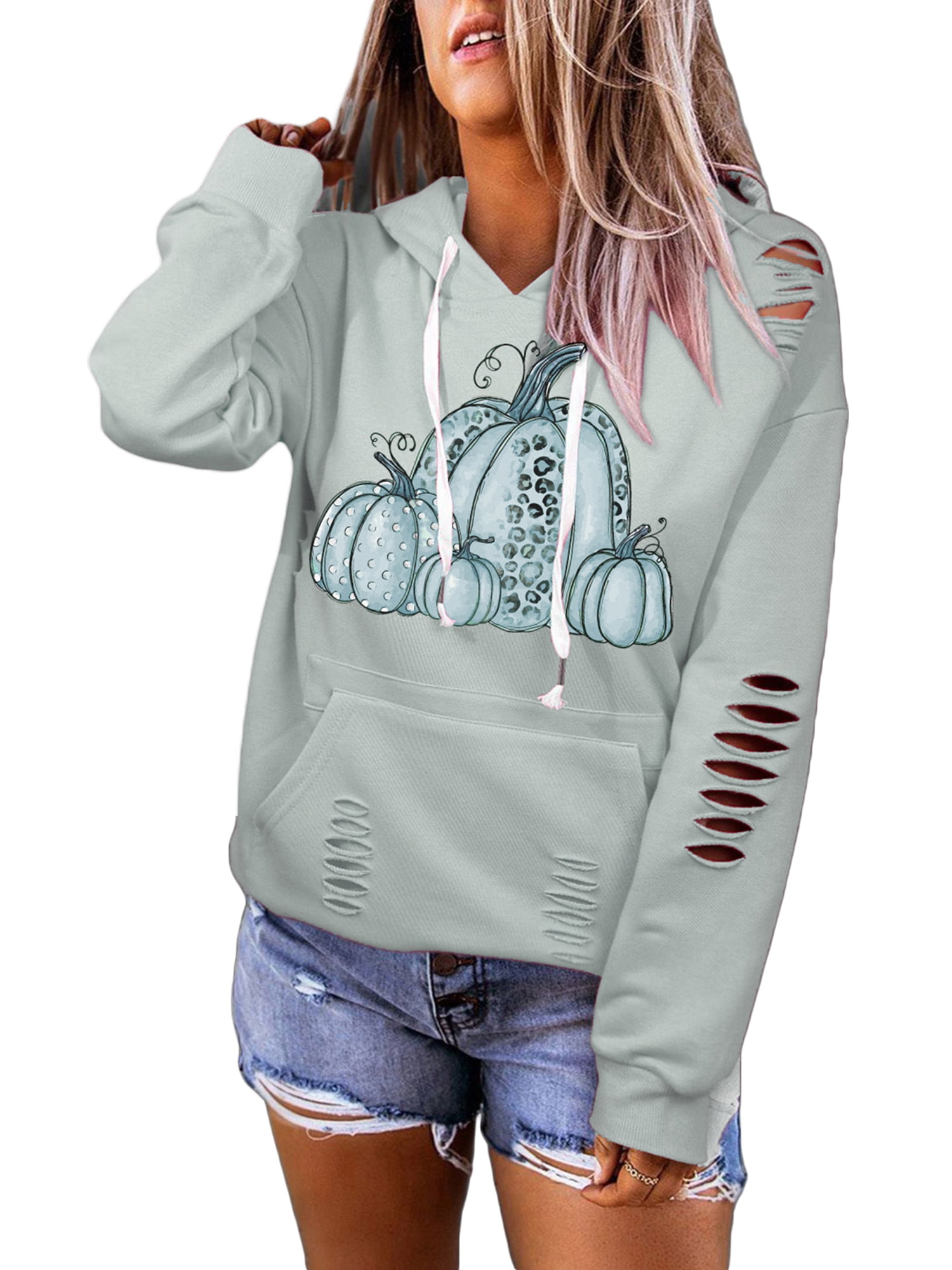 Suity Women's Halloween Hoodies Pumpkin Patterns Ripped Long Sleeve ...