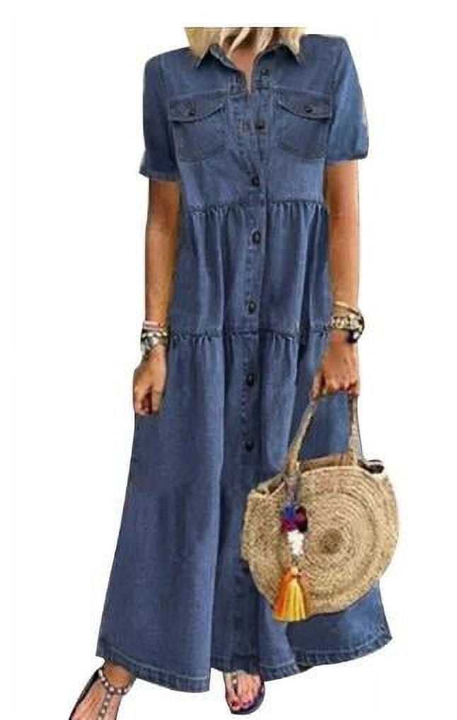Suity Women's Plus Size Denim Dress Short Sleeve Turn Down Collar Button Front Loose Swing Jean ...