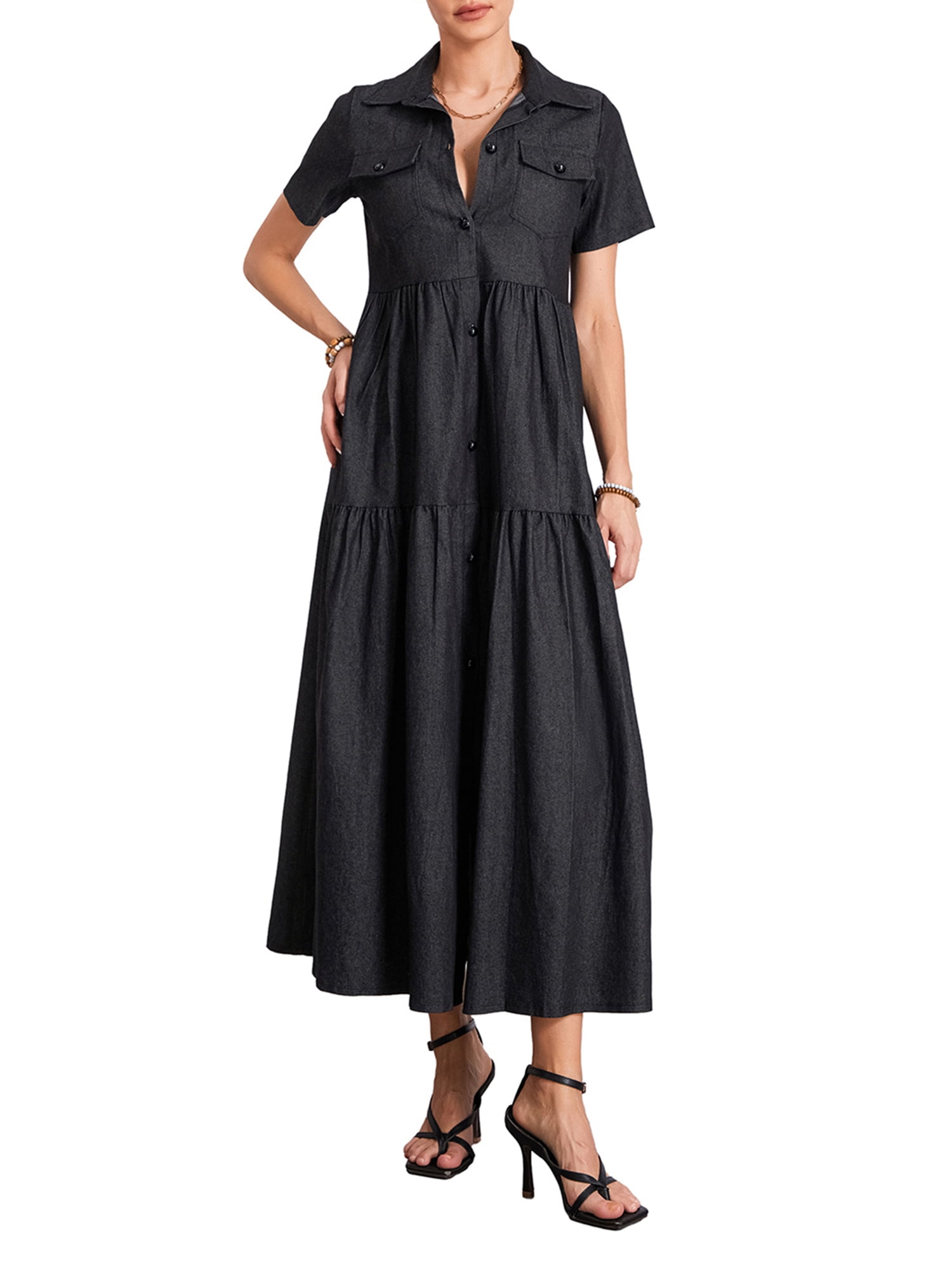 Suity Women's Plus Size Denim Dress Short Sleeve Turn Down Collar Button Front Loose Swing Jean ...