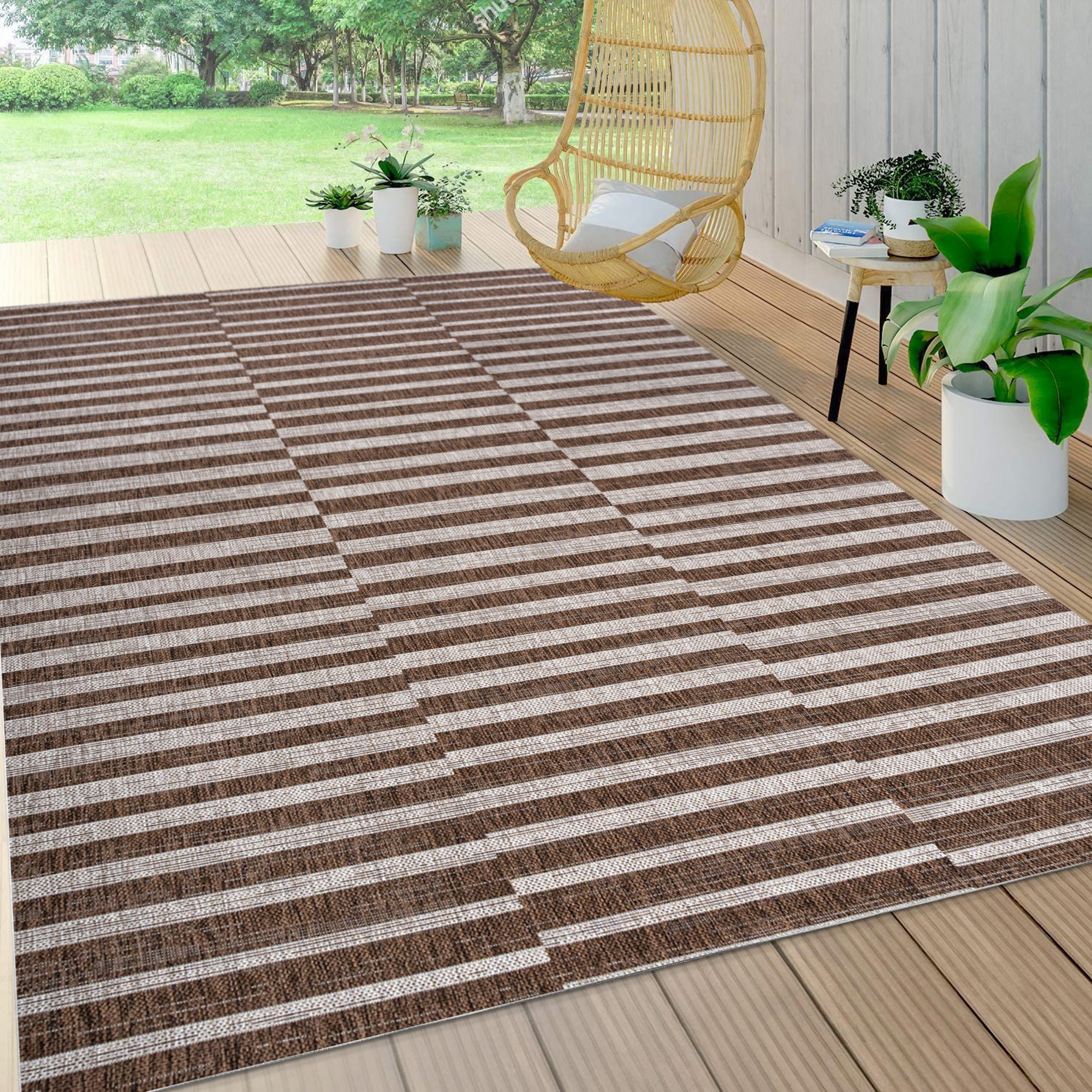 Sukie Modern Offset Stripe Brown/Beige 3 ft. x 5 ft. Indoor/Outdoor ...
