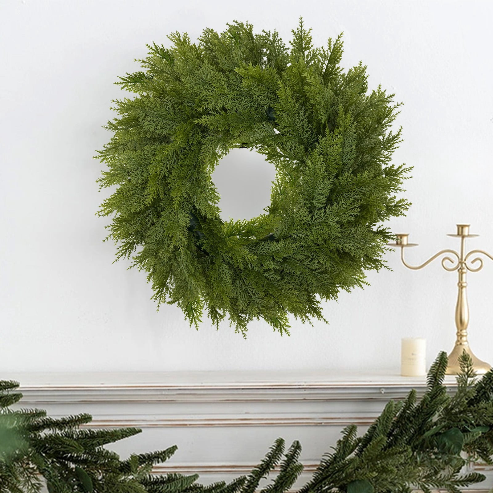 Sulaicai 17'' Real Touch Artificial Cedar Wreath, Faux Christmas ...